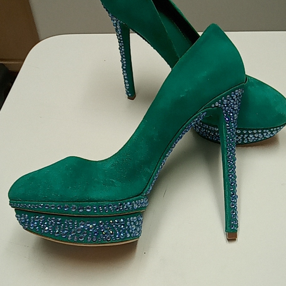 Teal Suede And Blue Rhinestones Heels - Gem
